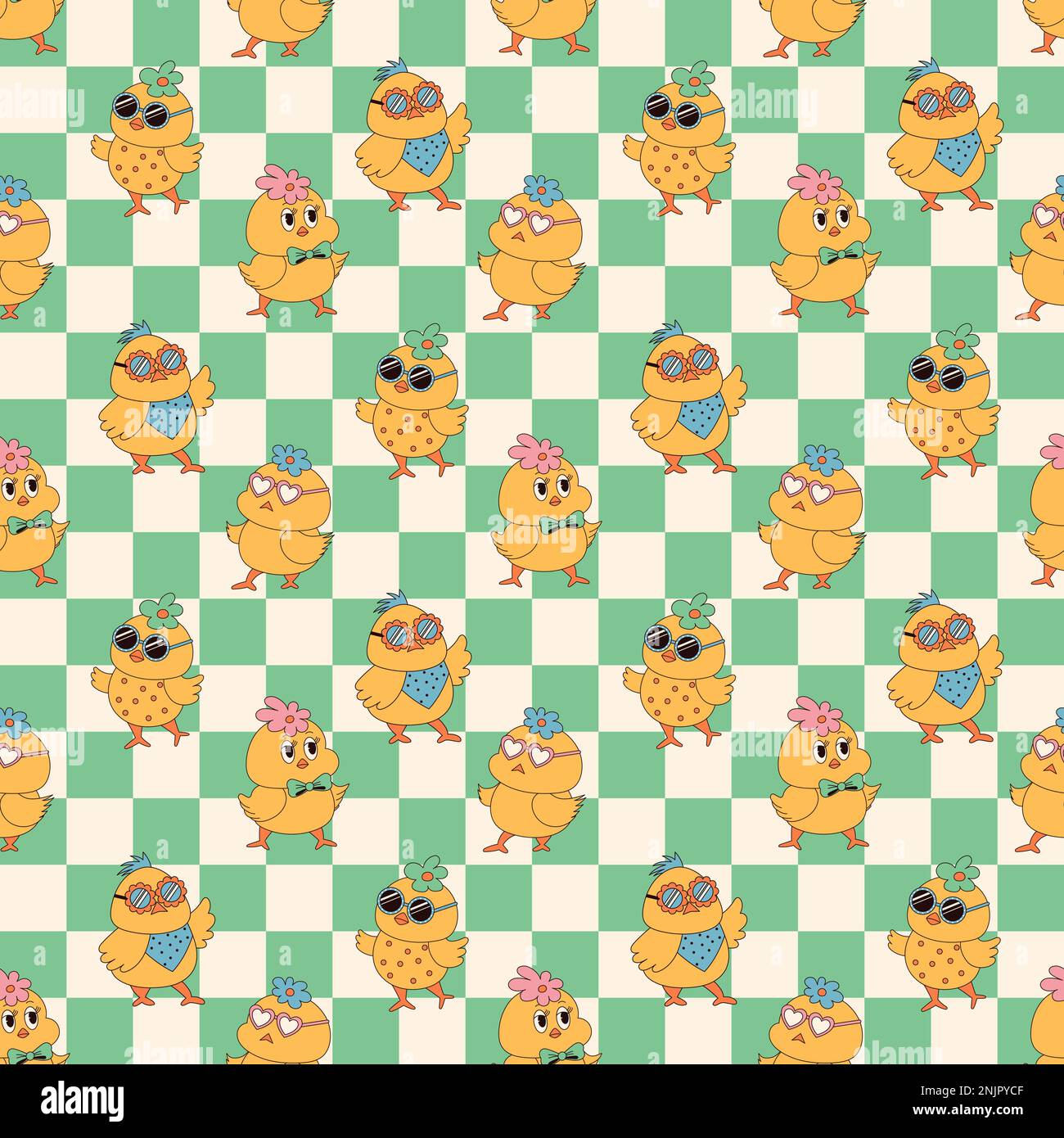 Groovy hippie Happy Easter seamless pattern. Chicks on a chess ...