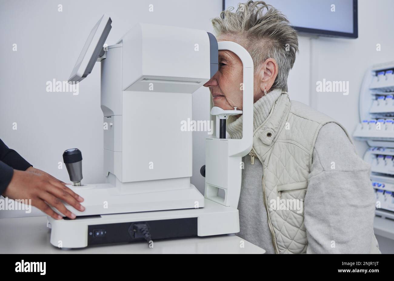 Eye exam, optometry and senior woman with test for medical, healthcare ...