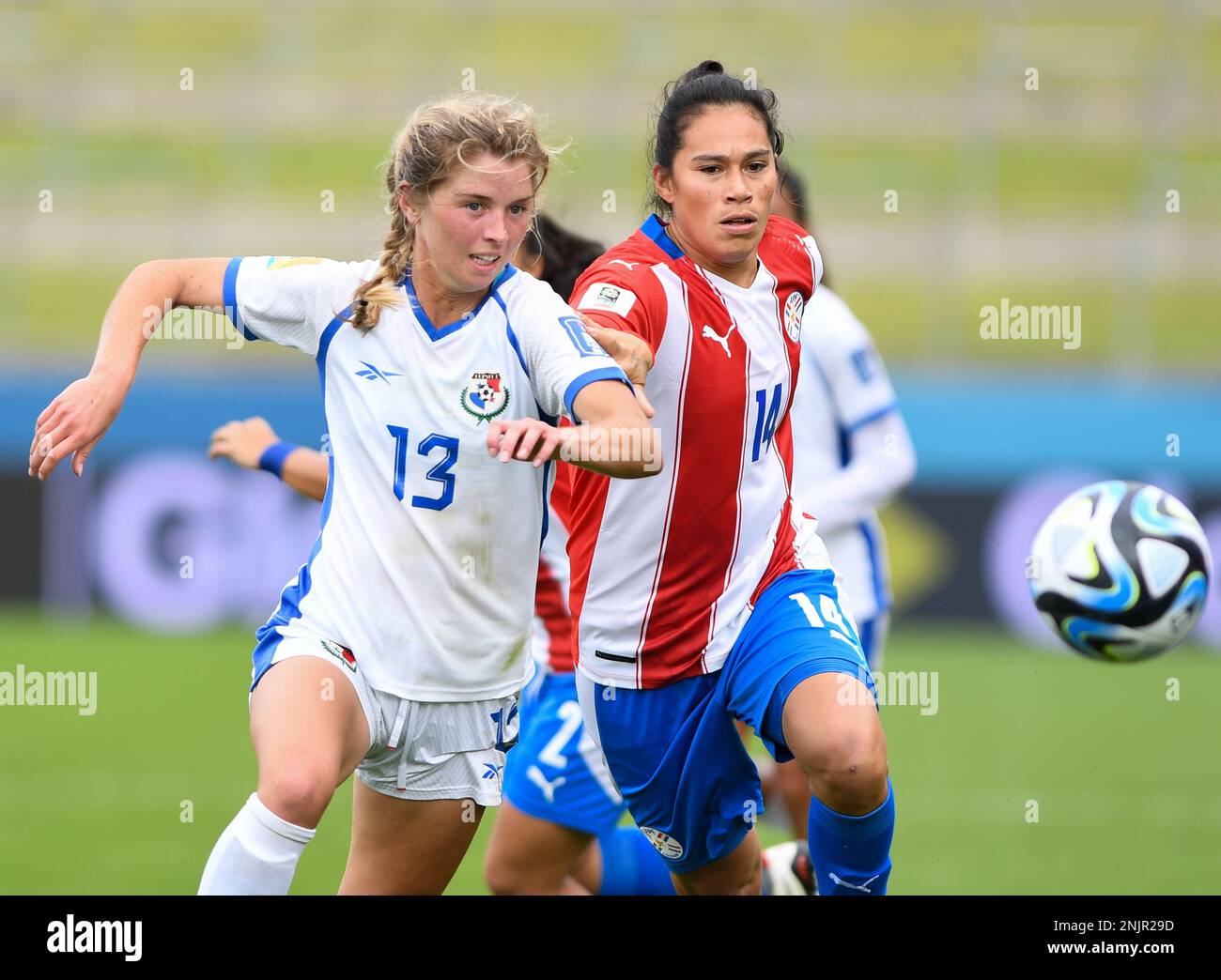 Hamilton, New Zealand. 23rd Feb, 2023. Tania Riso (R) of Paraguay vies ...