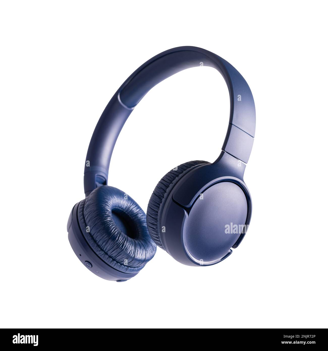 Close-up of blue modern wireless headphones. Accessory for listening to ...