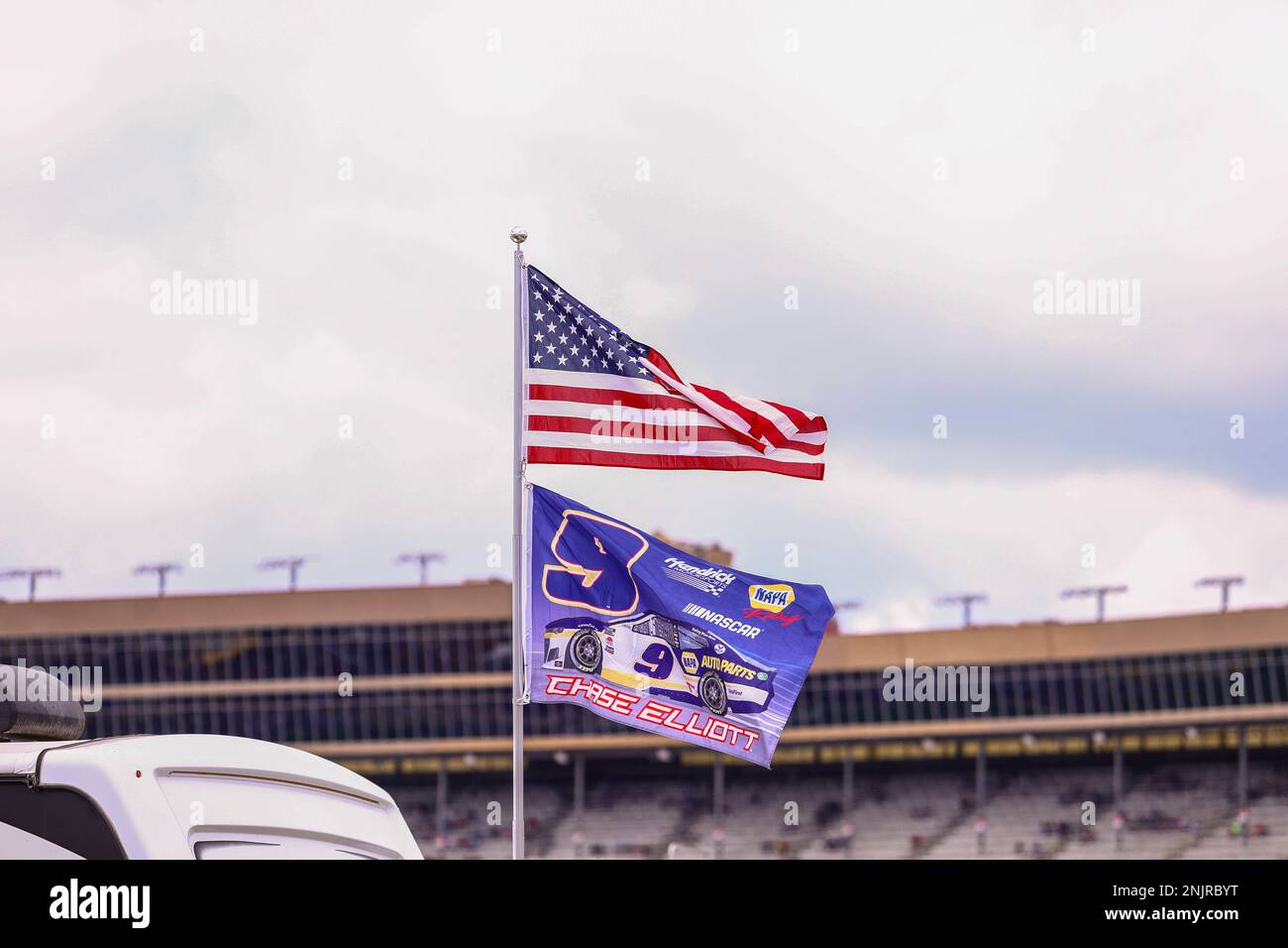 ATLANTA, GA - JULY 10: The American and Chase Elliott flags fly on a camper prior to the Quaker ...