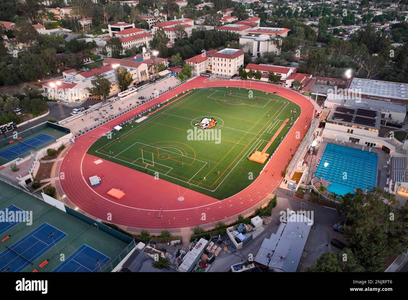 A general overall aerial view of the track and football field at Jack ...