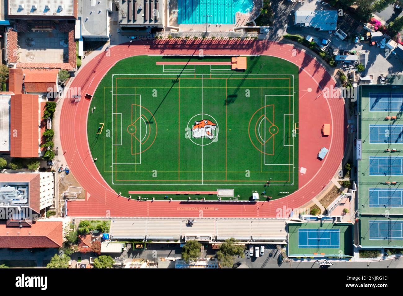 A general overall aerial view of the track and football field at Jack ...