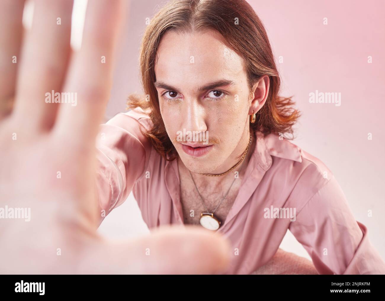 Vintage man, fashion selfie and studio portrait for 70s, hippy or ...