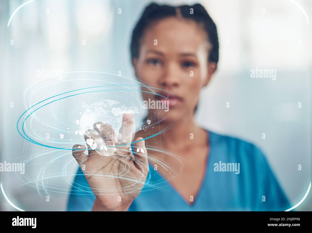 Futuristic healthcare, nurse with hologram and black woman for wellness ...