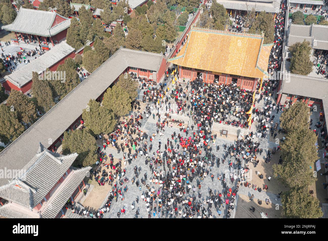 Aerial photo shows a large number of people at the temple fair of ...