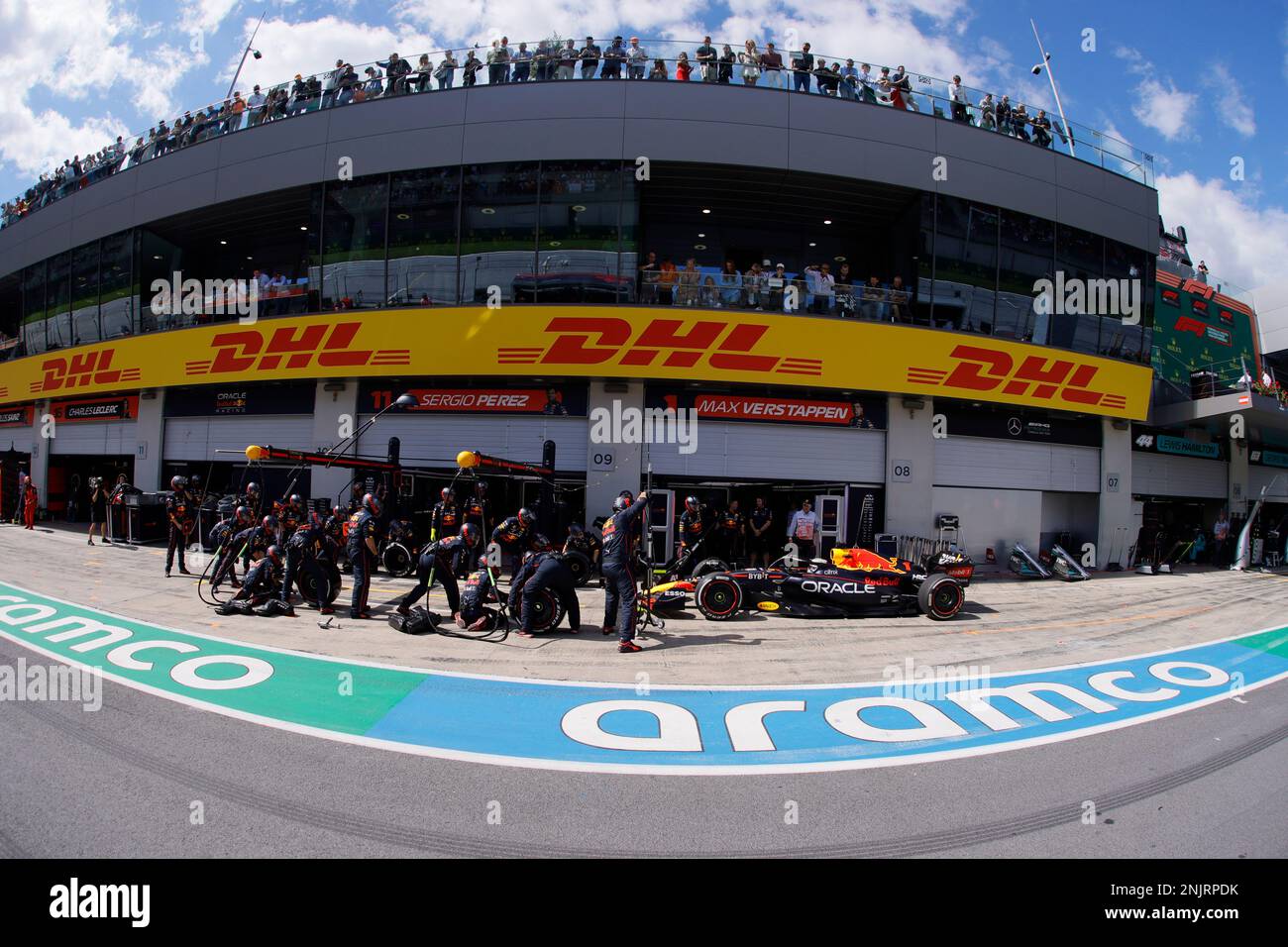 Red Bull driver Max Verstappen of the Netherlands gets a pit service ...
