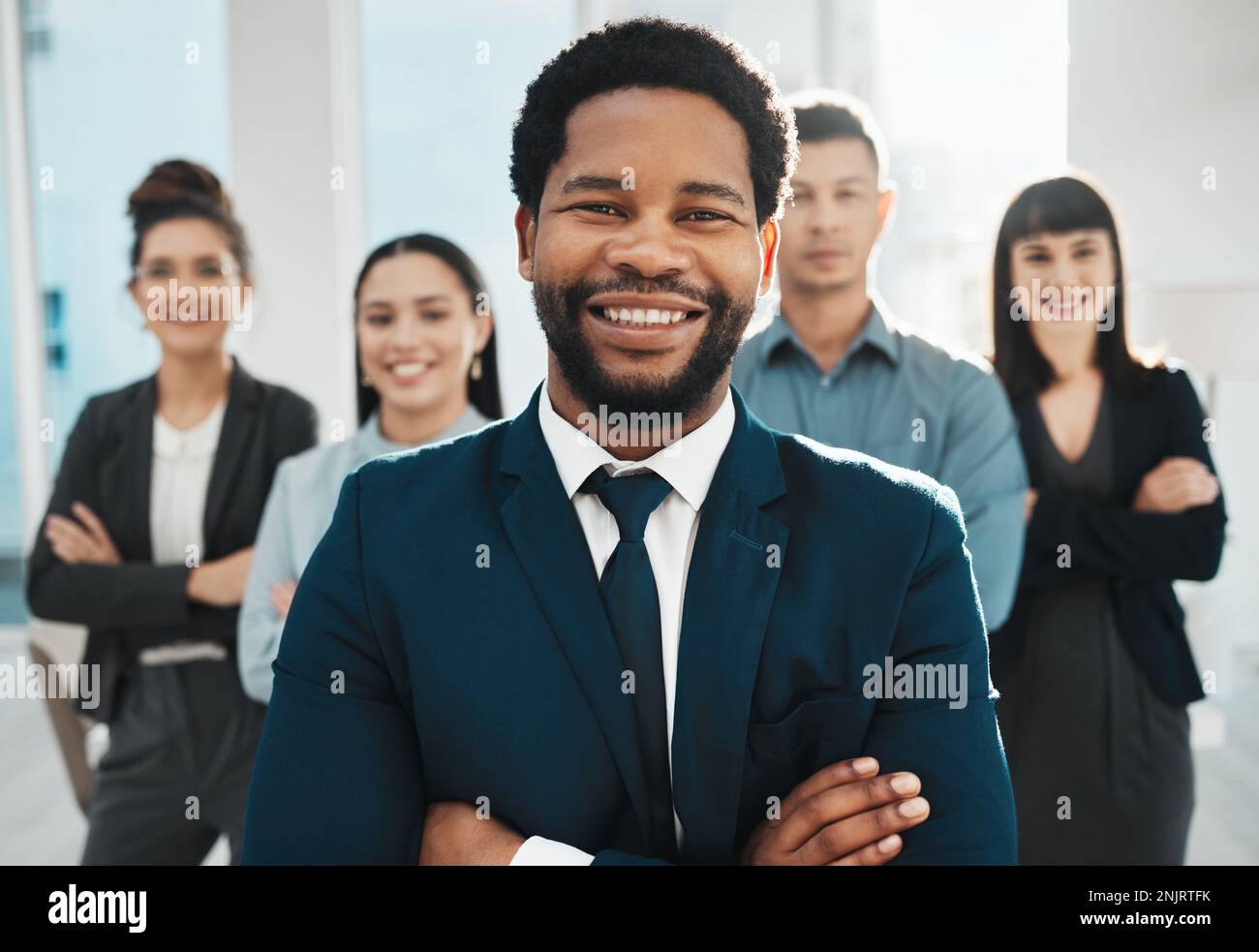 Portrait, black man and leadership for teamwork, collaboration and ...