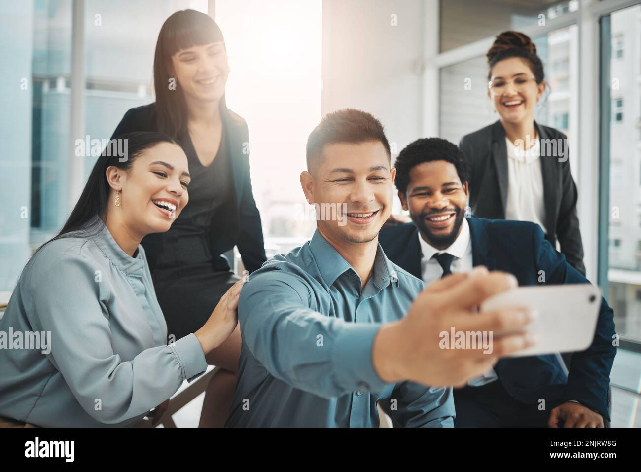 Office, selfie and business people with smartphone for photo, profile ...