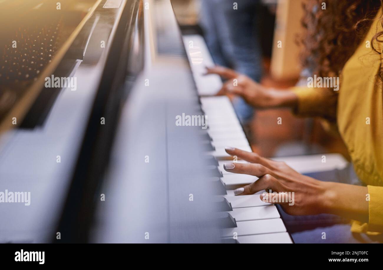 Musician woman, hands or playing piano in studio album recording, organ ...