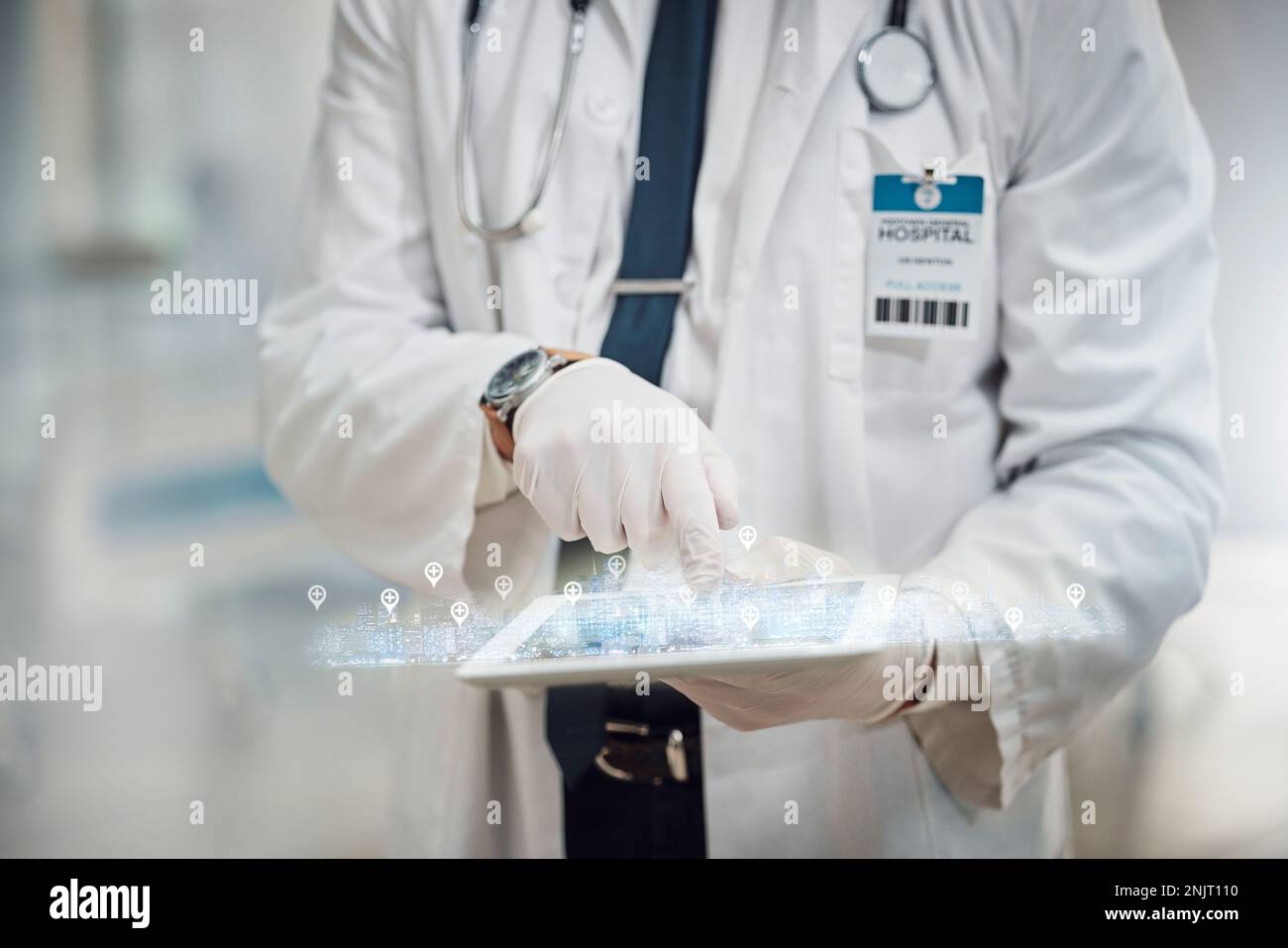Futuristic healthcare, hologram and doctor with tablet for patient data ...
