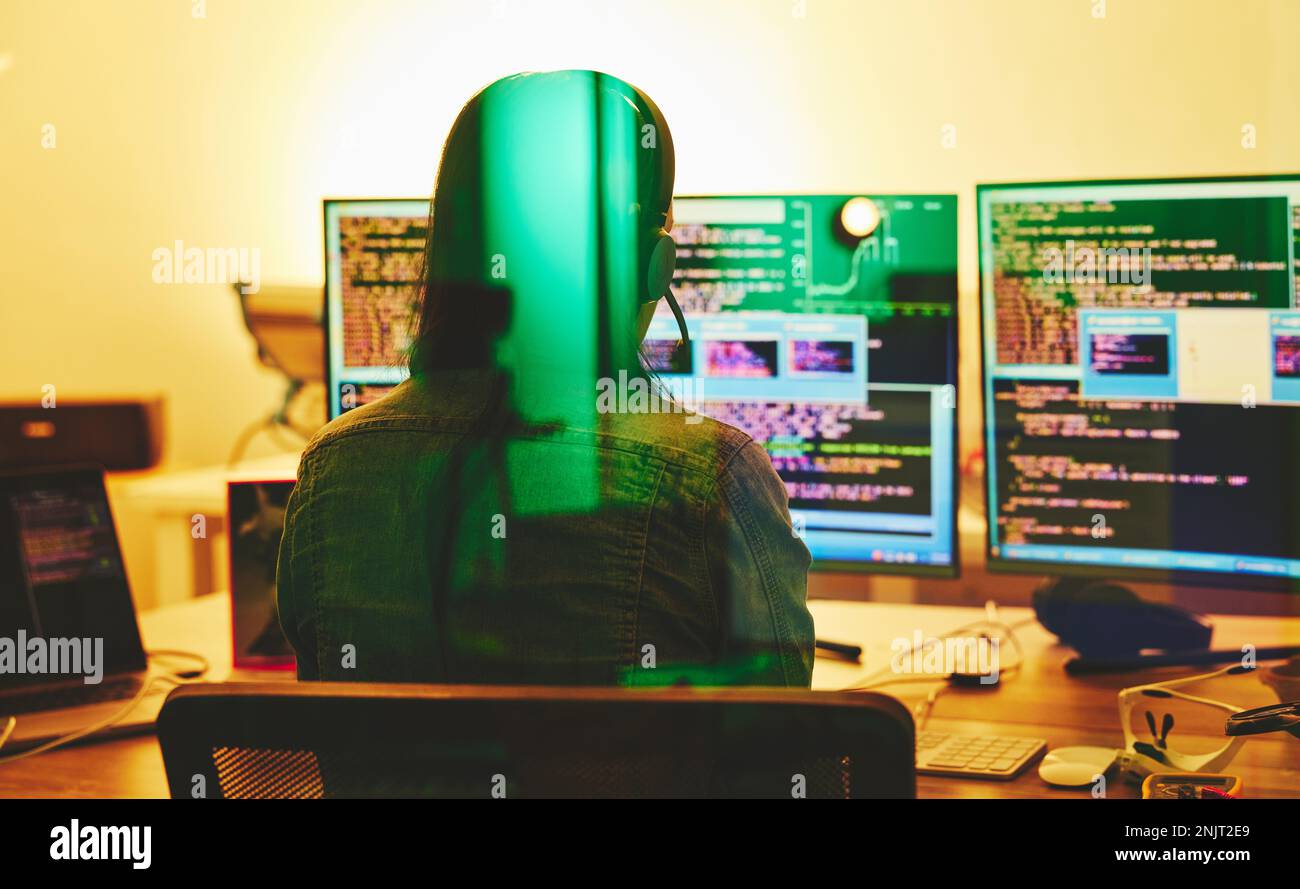 Developer headset, computer screen or neon coding on cybersecurity ransomware, night phishing or ...