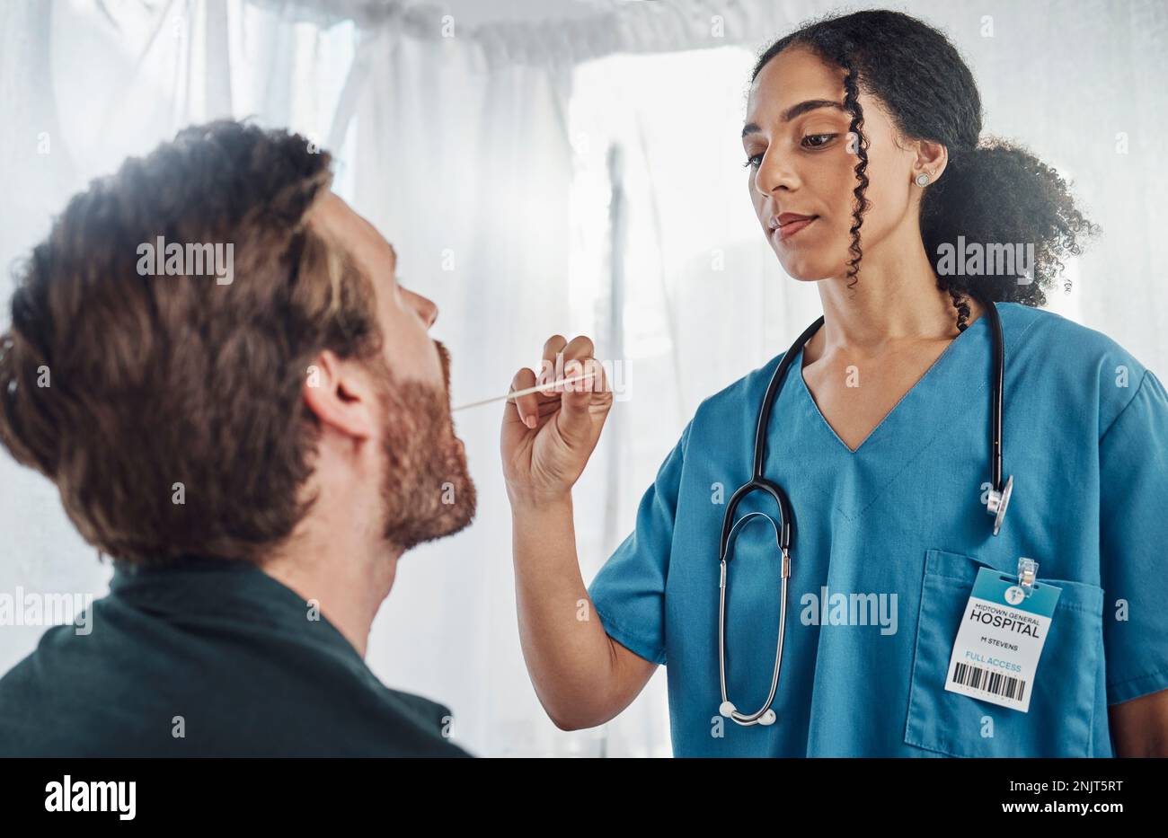 Healthcare, doctor check patient throat and medical exam, laryngitis ...