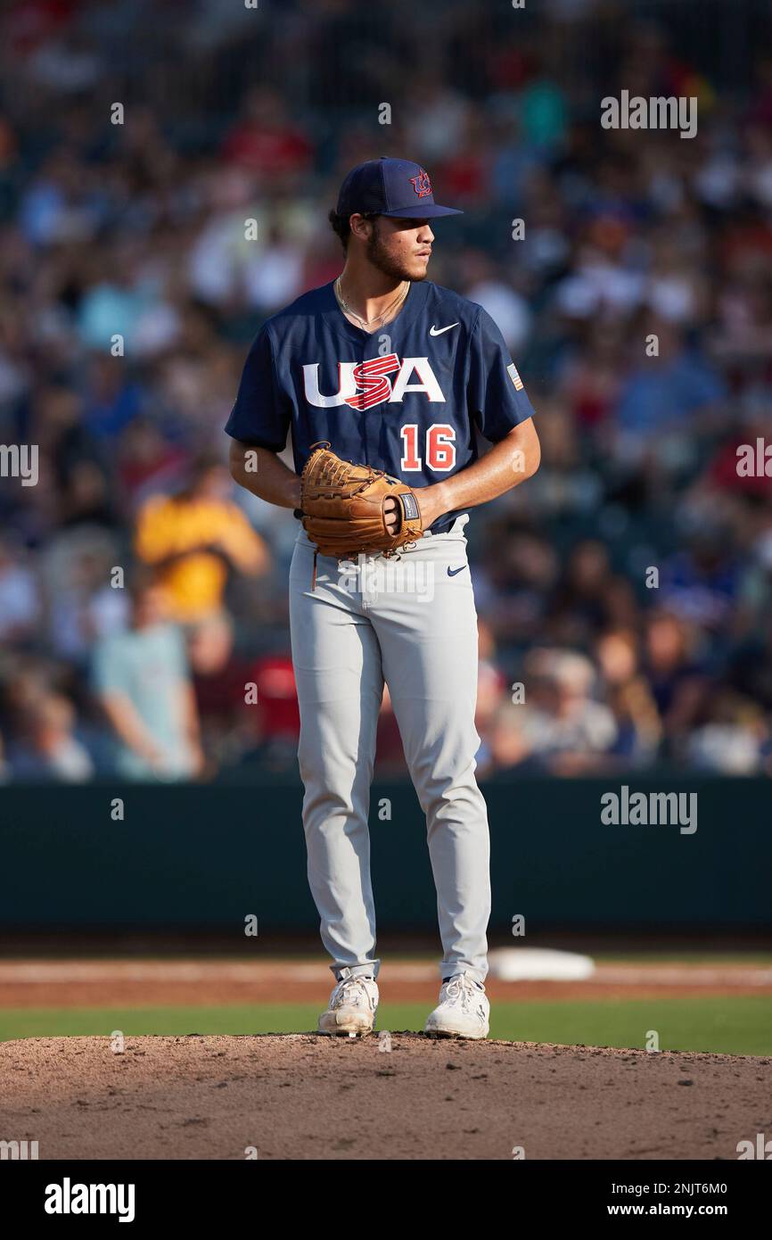 Team Stars relief pitcher Joseph Gonzalez (16) (Auburn) looks to his ...