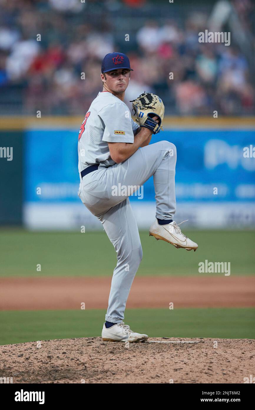 Team Stripes relief pitcher Jonathan Santucci (23) (Duke) in action ...