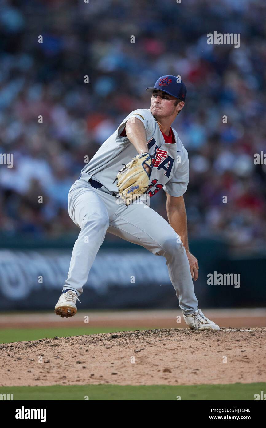 Team Stripes relief pitcher Jonathan Santucci (23) (Duke) in action ...
