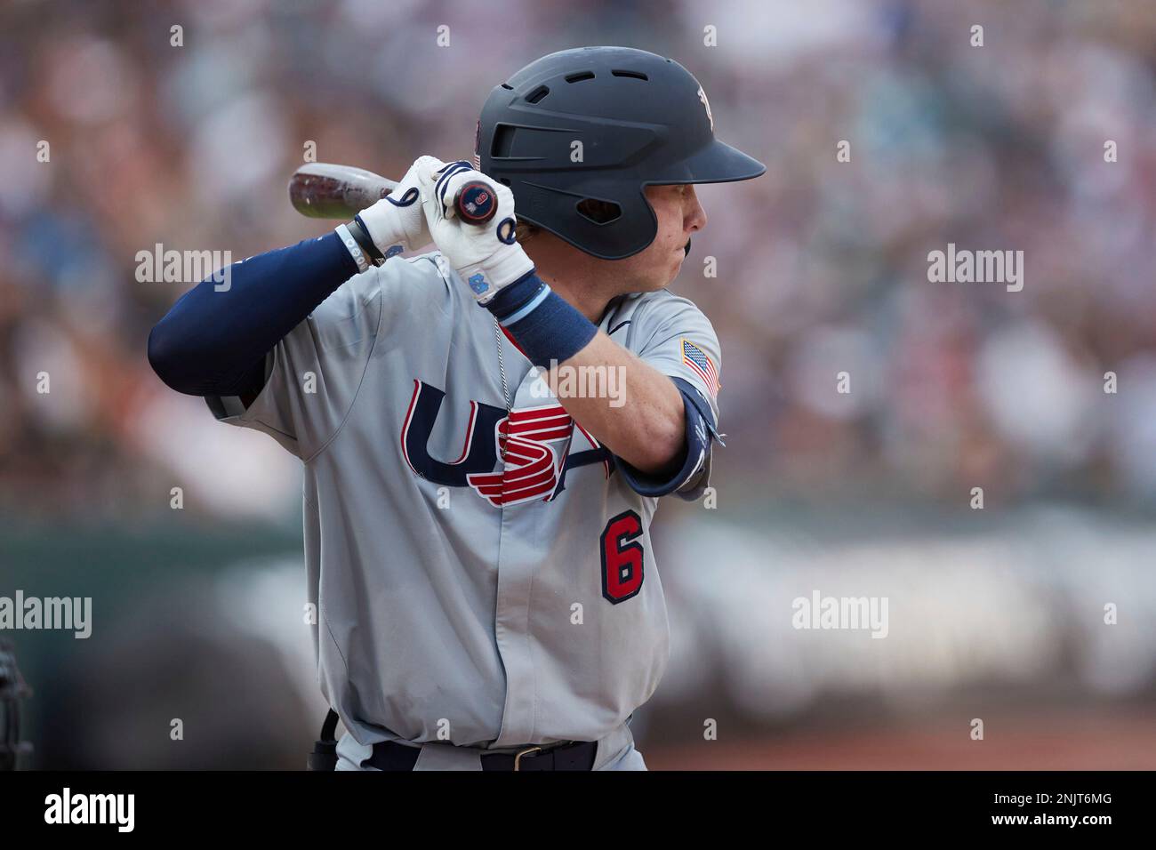 Vance Honeycutt (6) (North Carolina) of Team Stripes at bat against ...