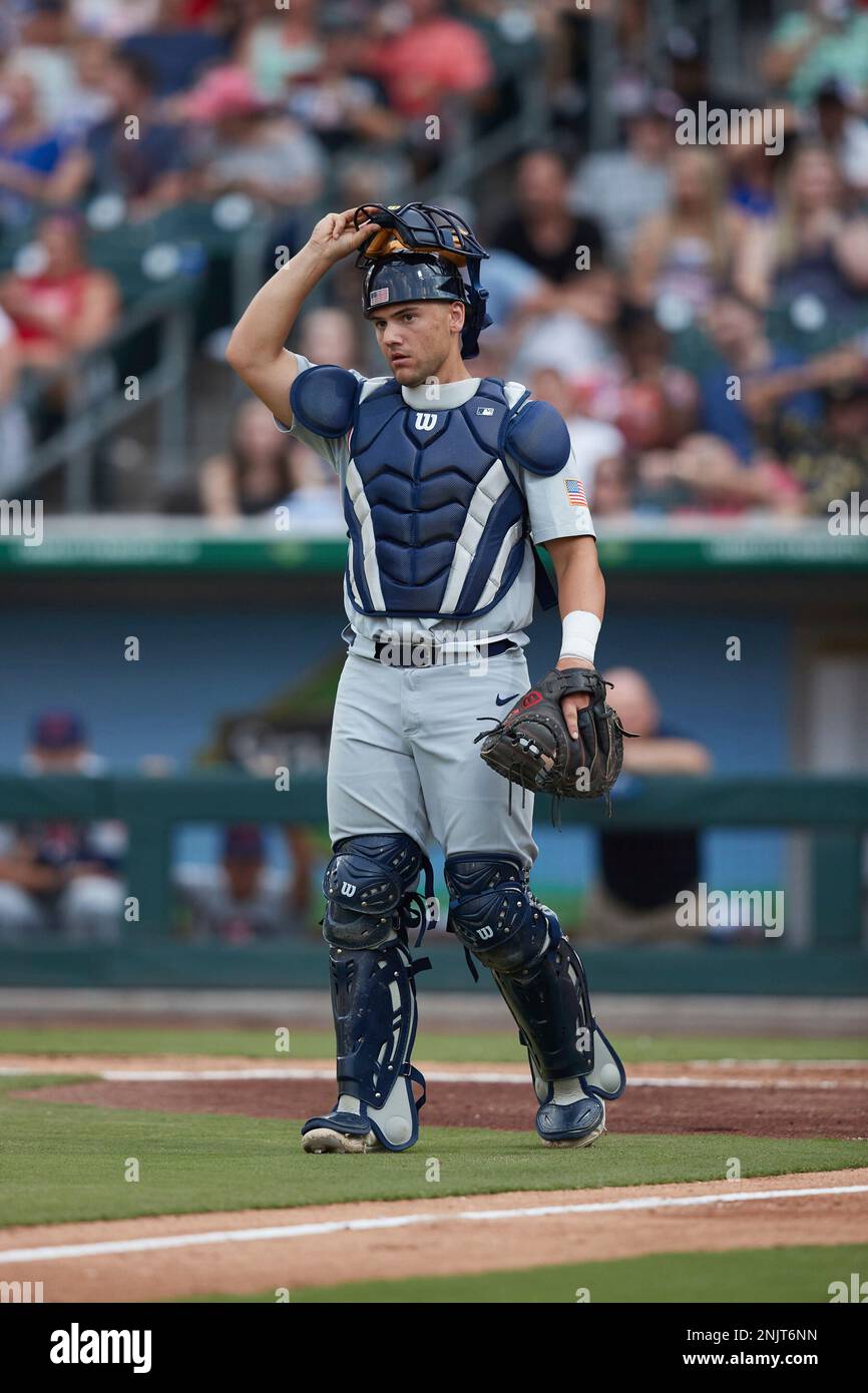Team Stripes catcher Jack Payton (5) (Louisville) on defense against Team Stars at Truist Field ...