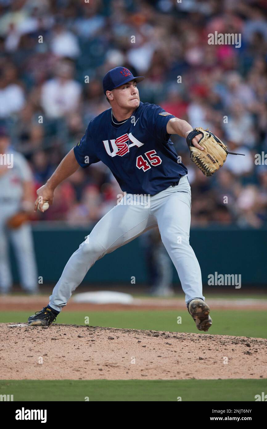 Team Stars relief pitcher Teddy McGraw (45) (Wake Forest) in action ...