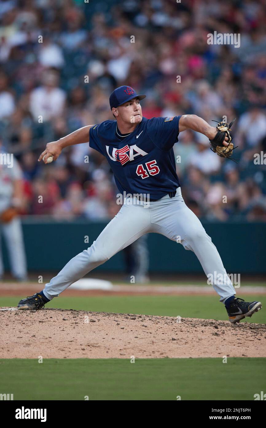 Team Stars relief pitcher Teddy McGraw (45) (Wake Forest) in action ...
