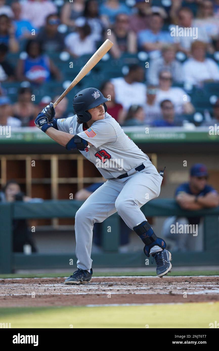 Jake Gelof (18) (Virginia) of Team Stripes at bat against Team Stars at ...