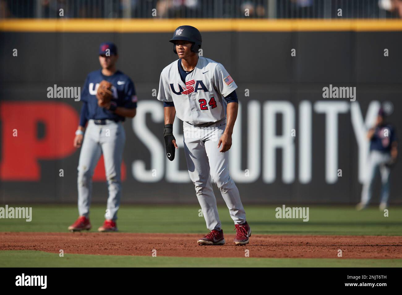 Braden Montgomery (24) (Stanford) of Team Stripes takes his lead off of ...