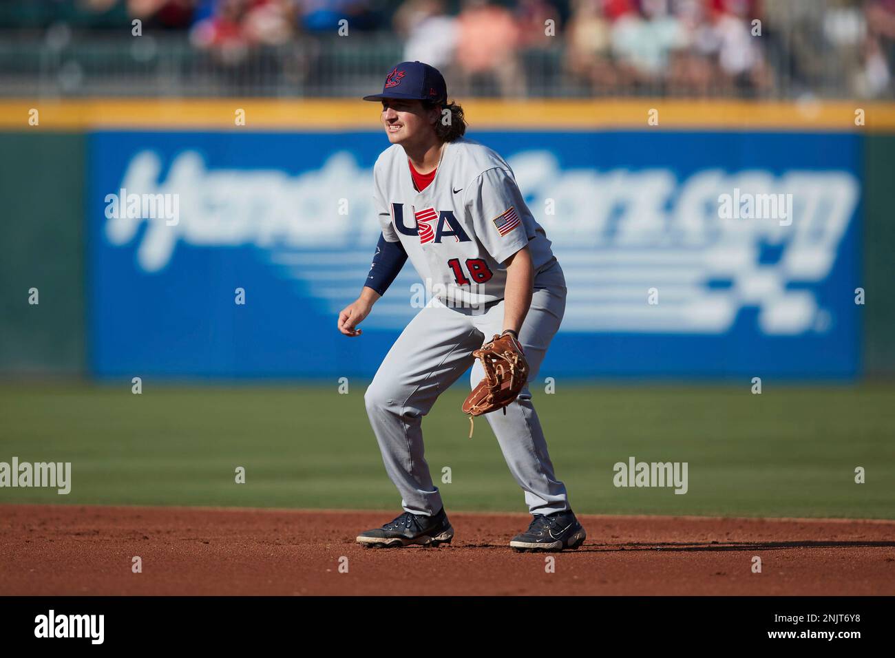 Team Stripes second baseman Jake Gelof (18) (Virginia) on defense ...