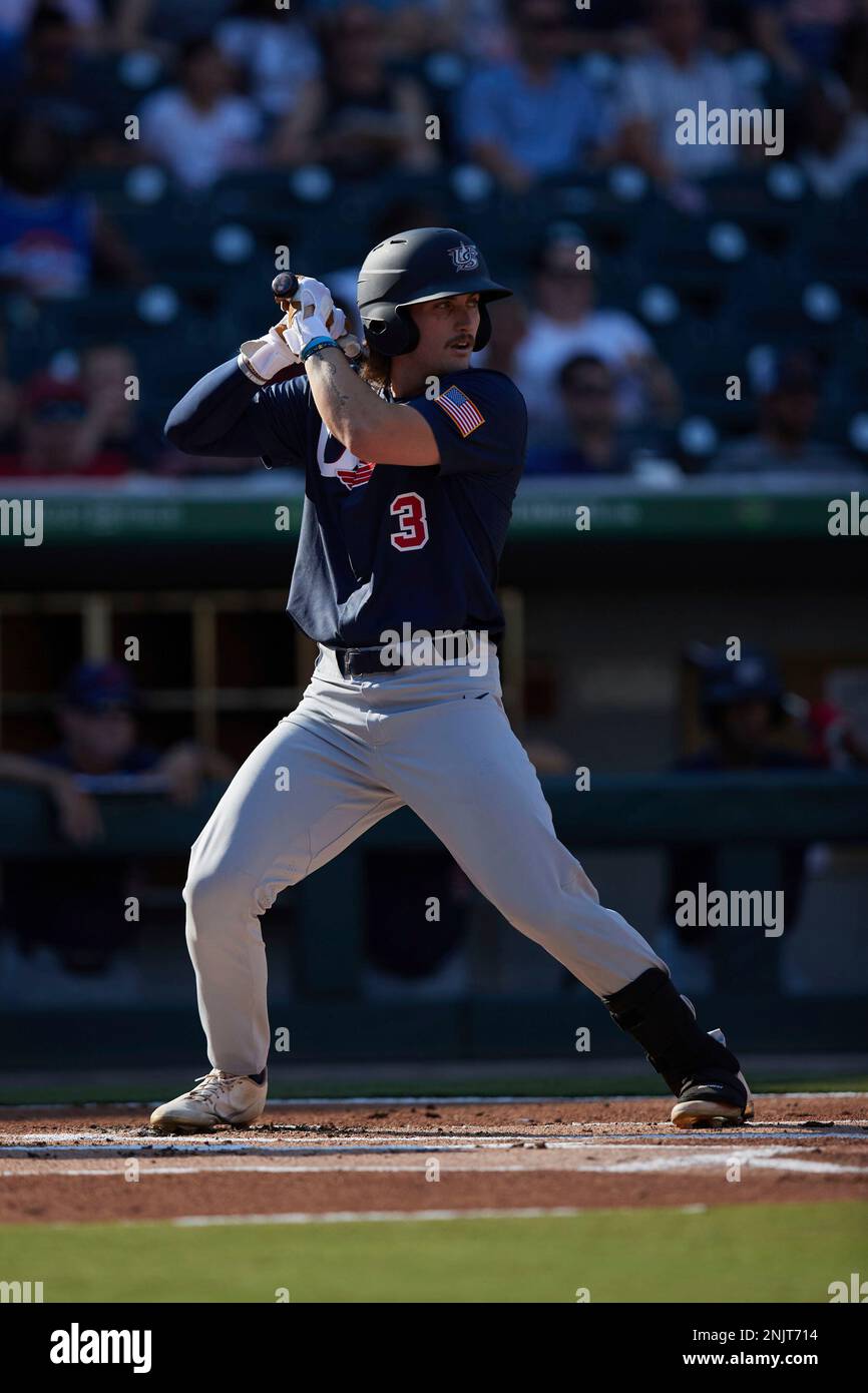 Dylan Crews (3) (LSU) of Team Stars at bat against Team Stripes at ...