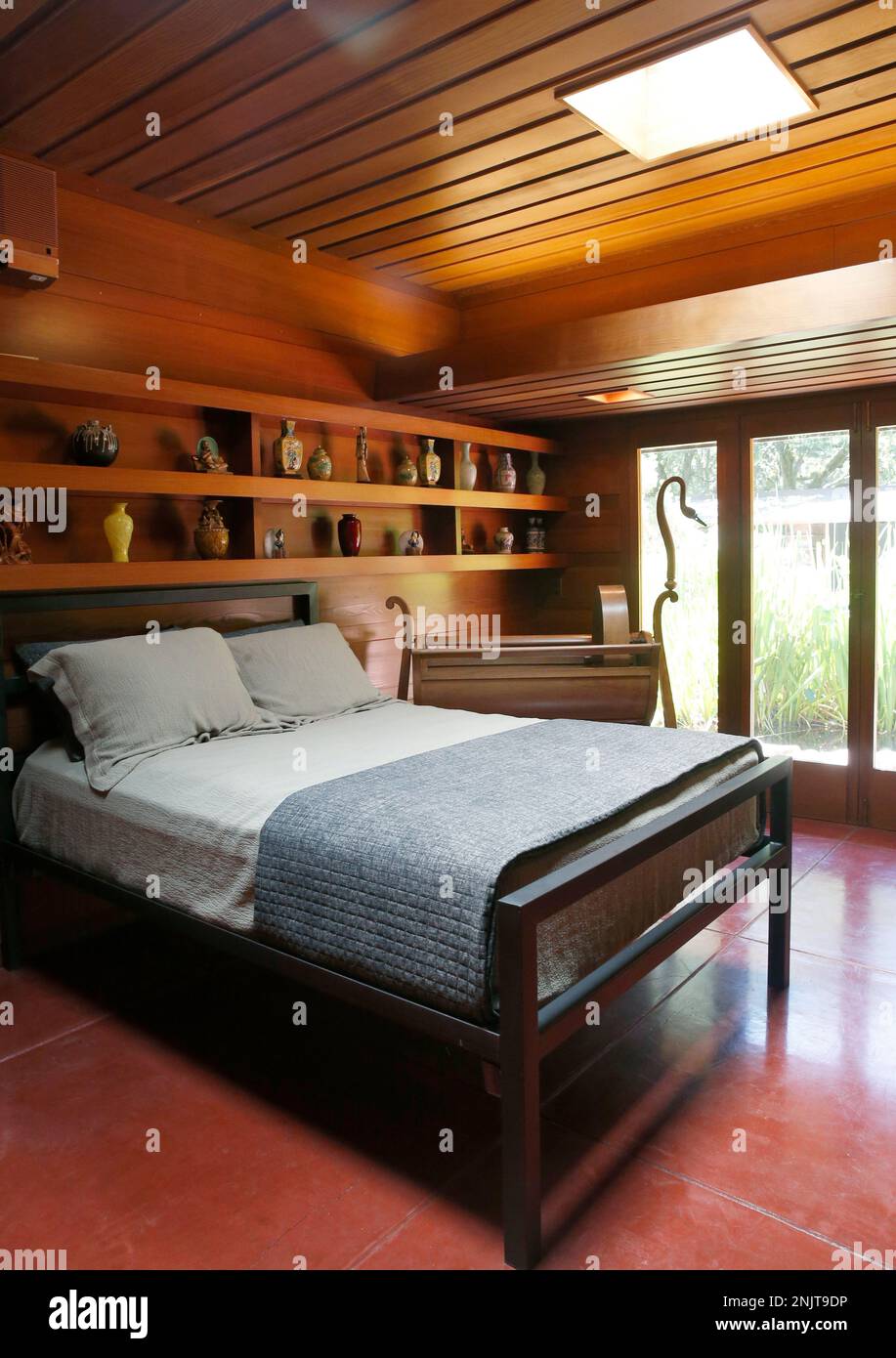 A bedroom in the Maynard Buehler House, designed by Frank Lloyd Wright ...