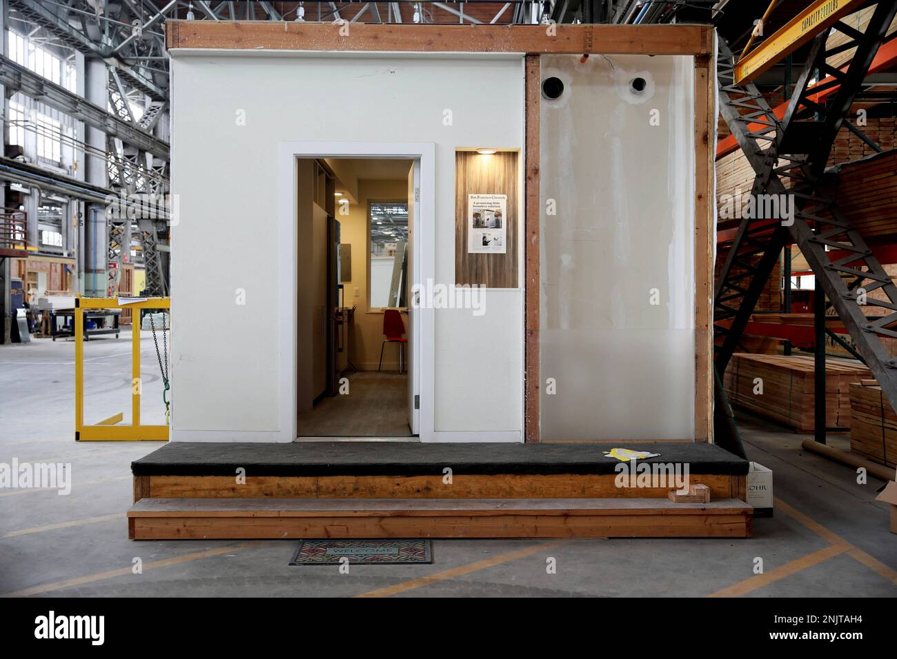 The exterior of a studio apartment built at the Factory OS facility in ...