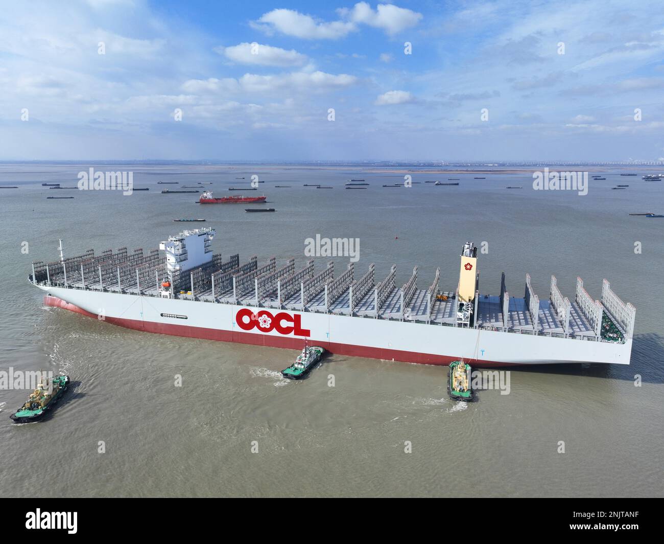 Aerial photo shows the world's largest green container ship "OOCL Spain ...
