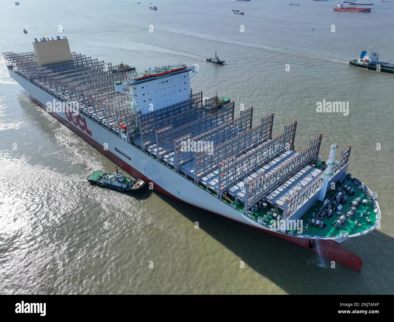 Aerial photo shows the world's largest green container ship "OOCL Spain ...