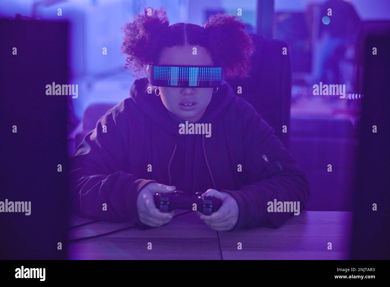 Night, virtual reality and gamer girl with simulation, innovation and ...