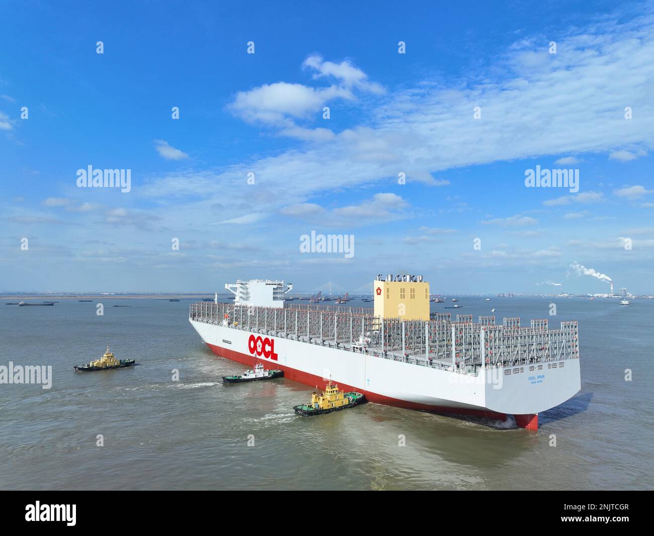 Aerial photo shows the world's largest green container ship "OOCL Spain ...