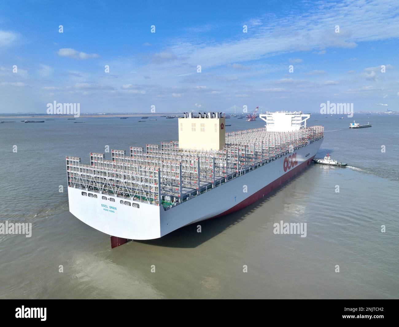 Aerial photo shows the world's largest green container ship "OOCL Spain ...