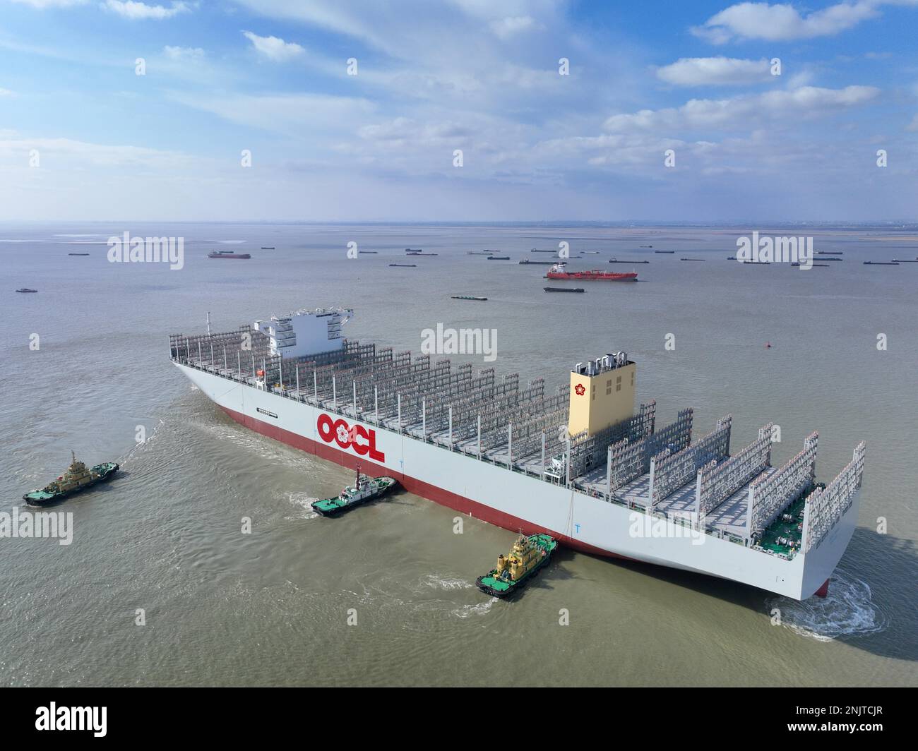 Aerial photo shows the world's largest green container ship "OOCL Spain ...