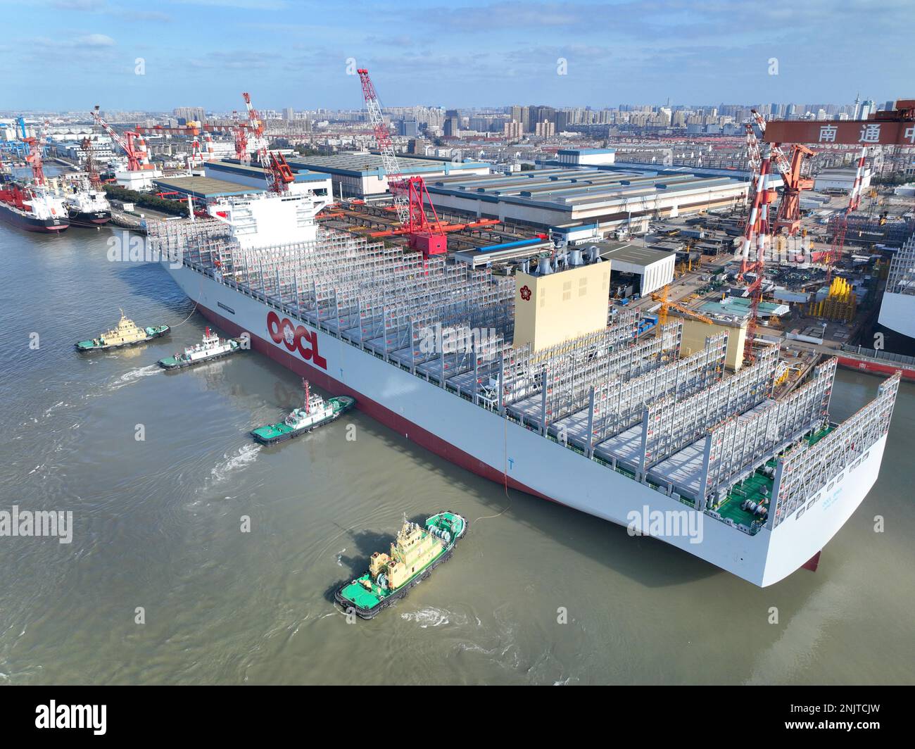 Aerial photo shows the world's largest green container ship "OOCL Spain ...