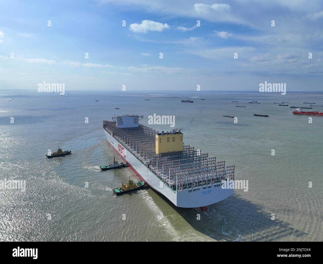 Aerial photo shows the world's largest green container ship "OOCL Spain ...