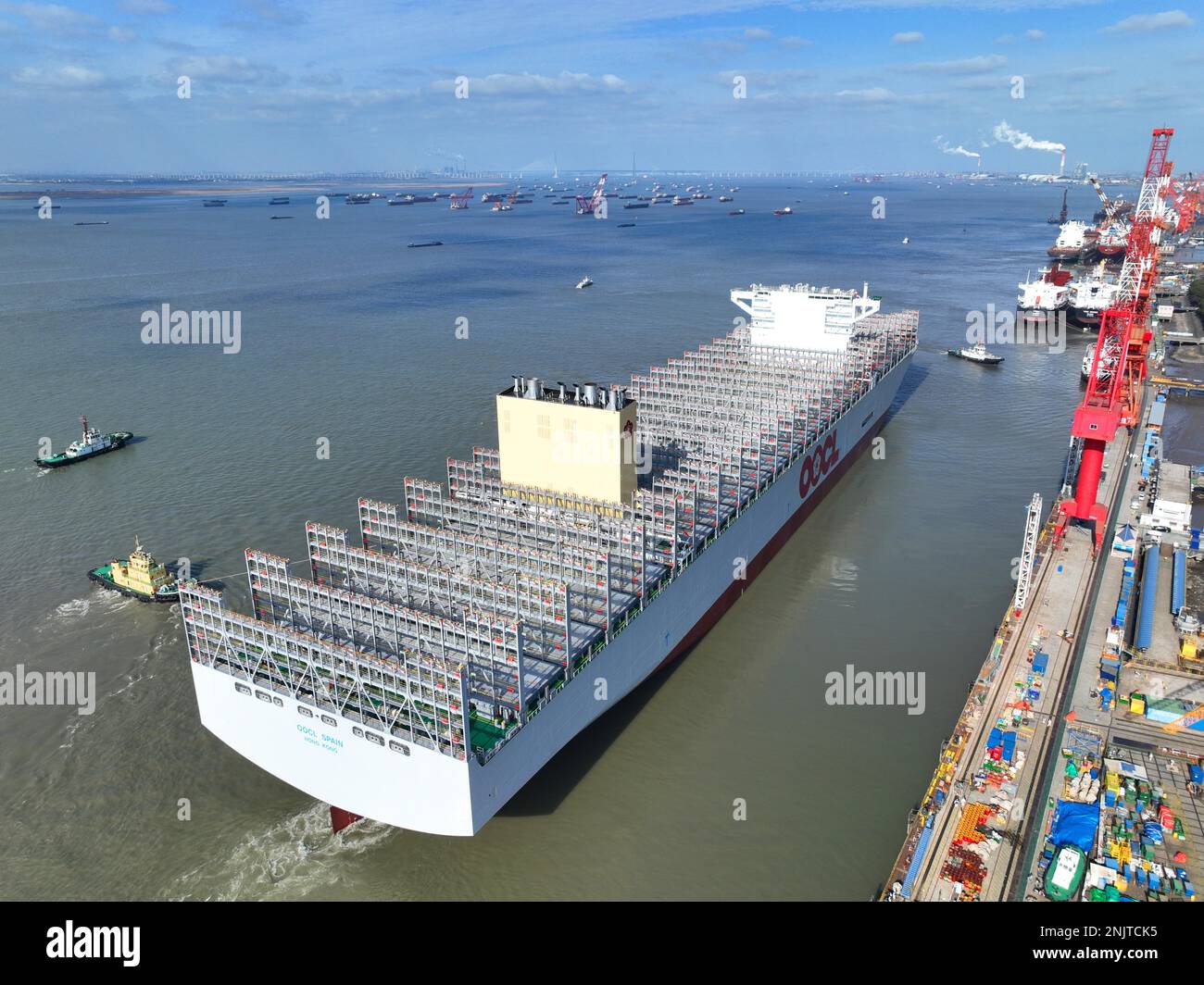 Aerial photo shows the world's largest green container ship "OOCL Spain ...
