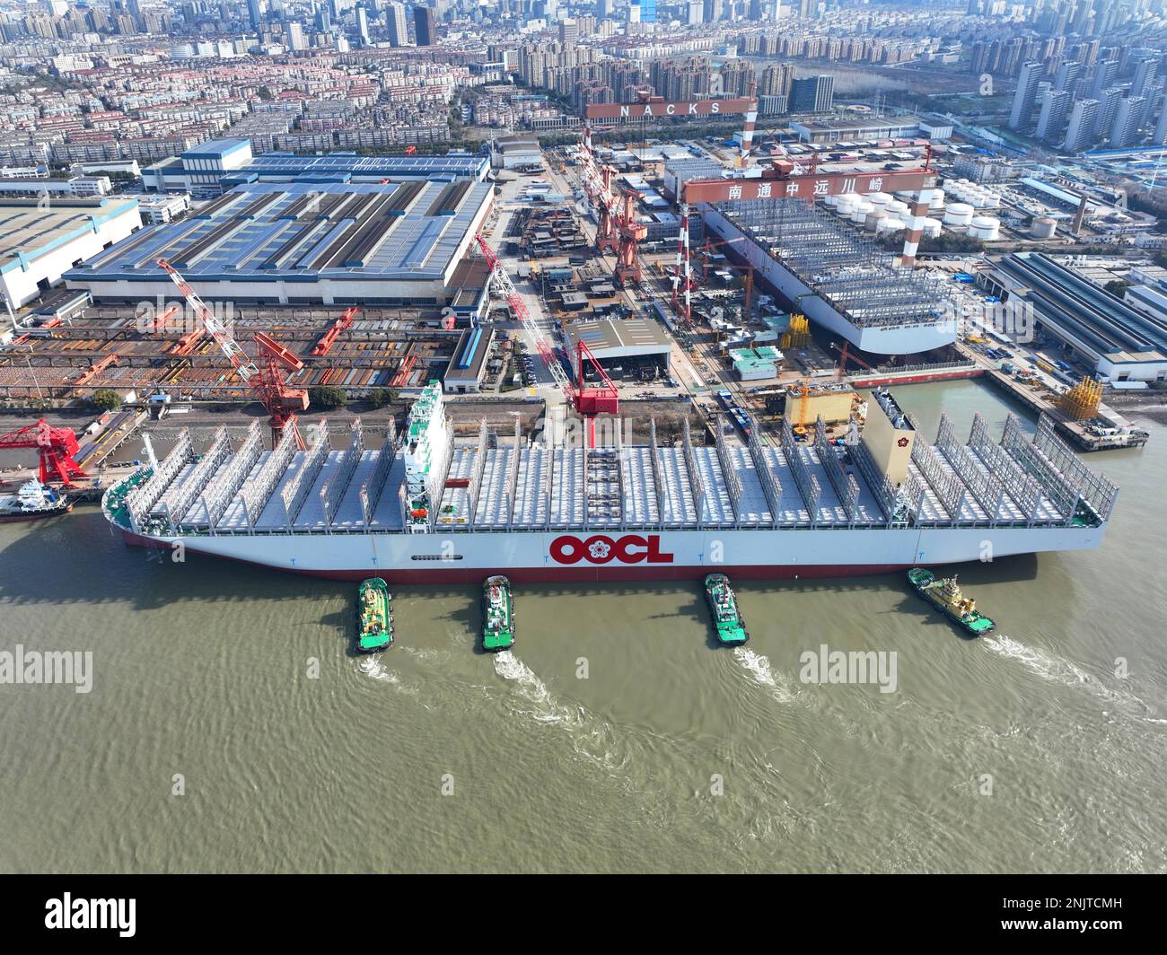 Aerial photo shows the world's largest green container ship "OOCL Spain ...