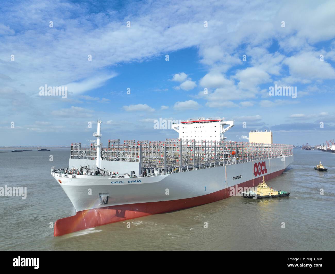 Aerial photo shows the world's largest green container ship "OOCL Spain" on its trial voyage in ...