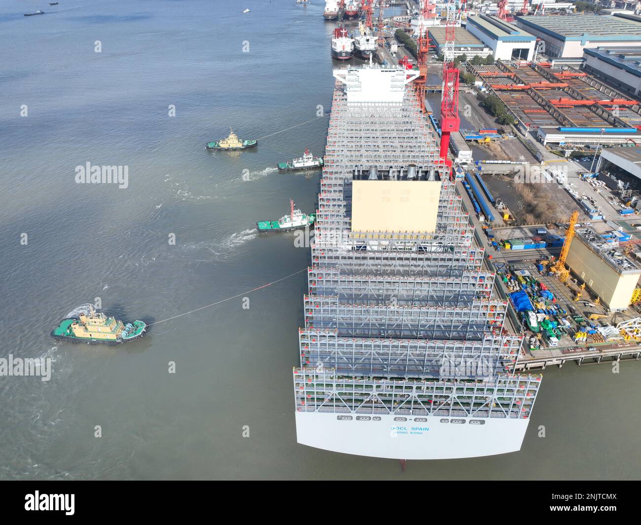 Aerial photo shows the world's largest green container ship "OOCL Spain ...