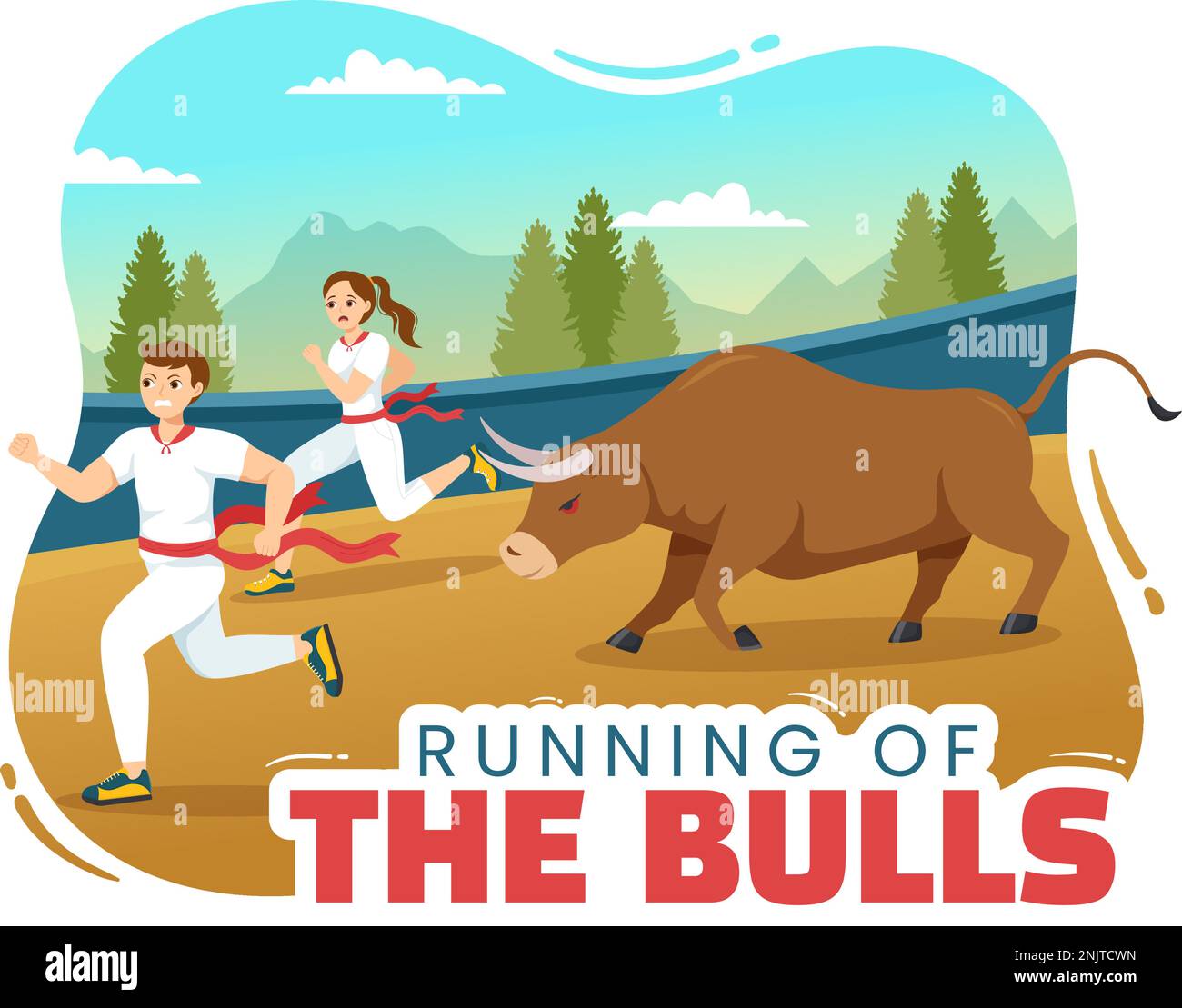 Running of the Bulls Illustration with Bullfighting Show in Arena in ...