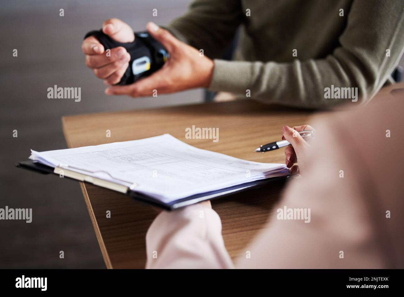 Hand injury, document and man compensation paperwork, insurance, legal ...