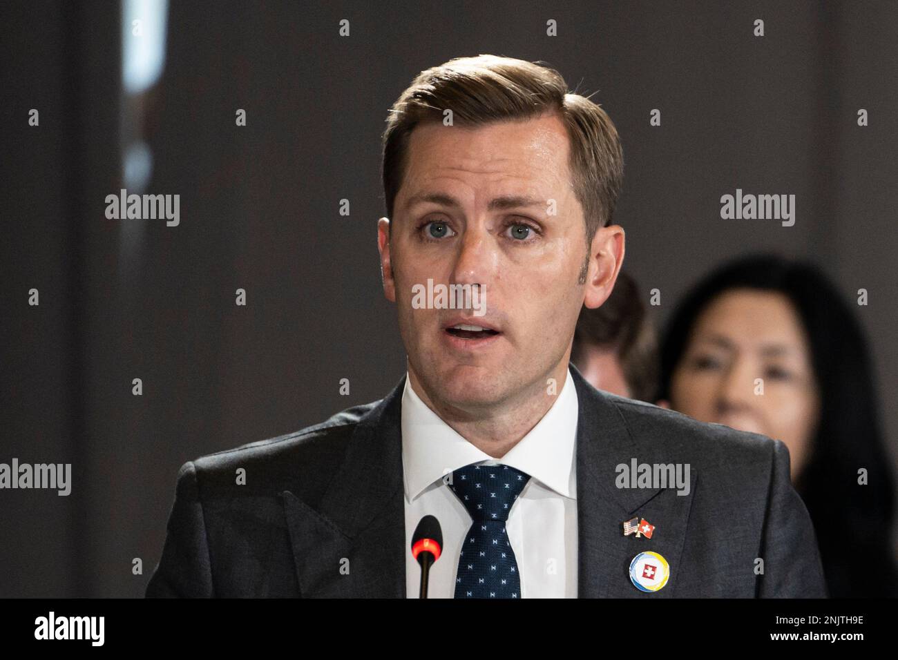Scott Miller, Ambassador of USA to Switzerland, holds his national ...
