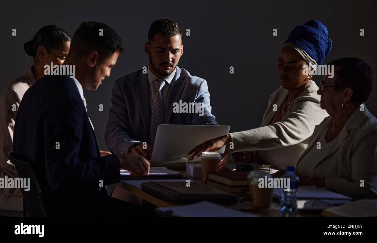 Business meeting, people and laptop for idea, goal or vision for ...