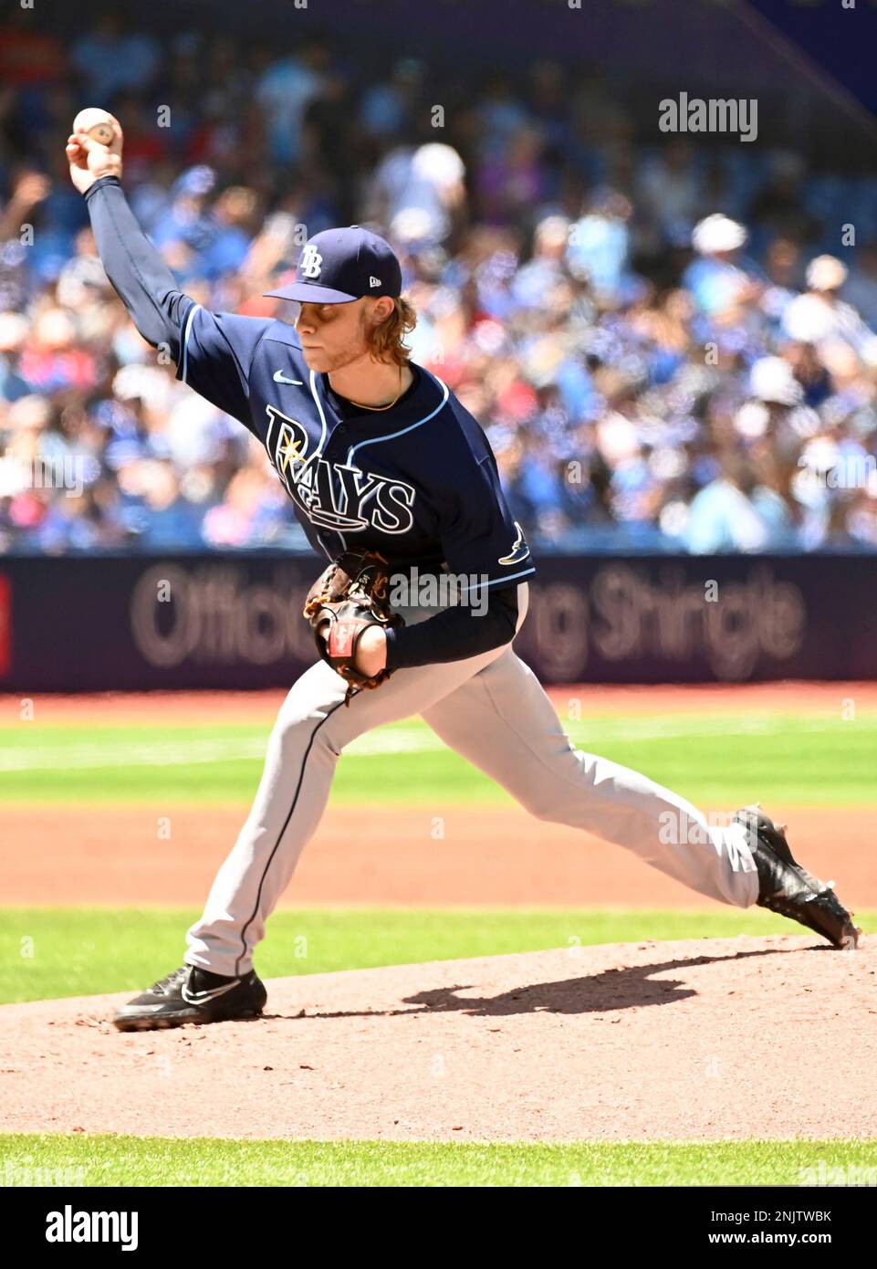 Tampa Bay Rays starting pitcher Shane Baz throws to a Toronto Blue Jays ...