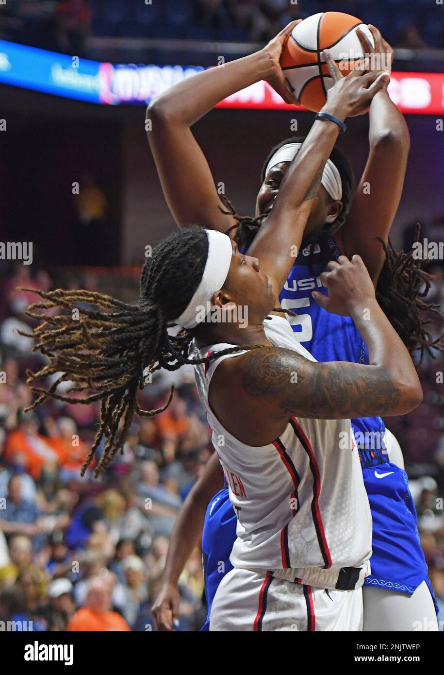 Washington Mystics forward Myisha Hines-Allen, bottom, fouls ...