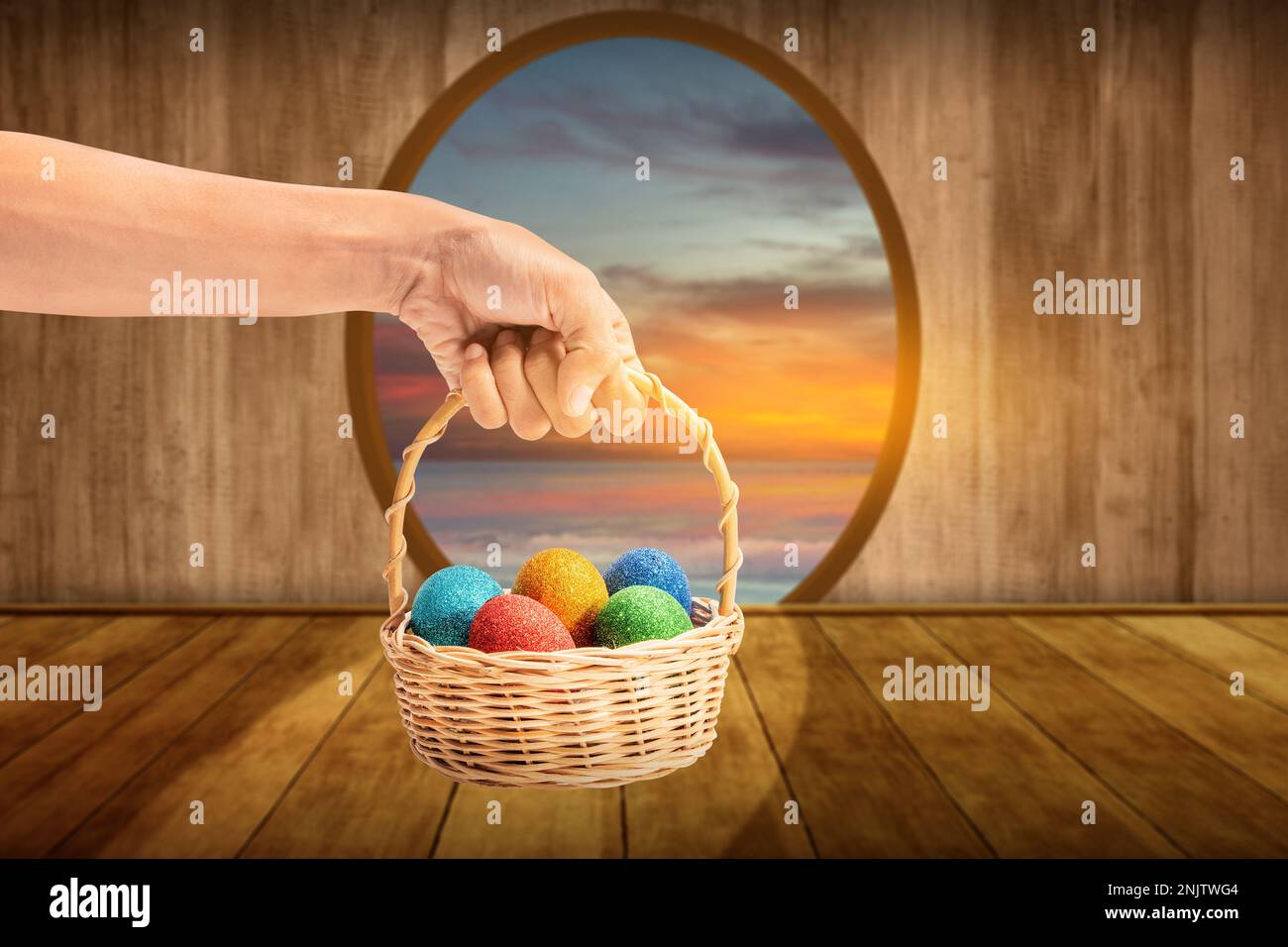 Human holding wooden basket with colorful easter eggs. Easter Egg ...