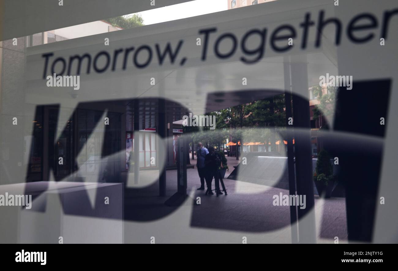 The trademark of KDDI is seen in Chiyoda Ward, Tokyo on July 3, 2022 ...